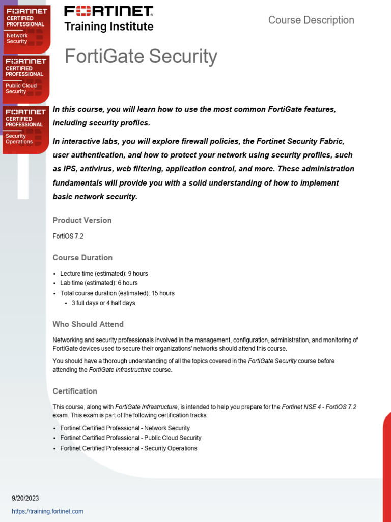 FortiGate Security 7.2 Course Description | PDF | Computer Network | Firewall (Computing)