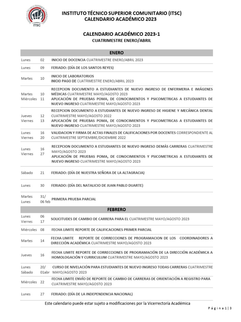 Calendario Academico Itsc 2023 | PDF | Calendario