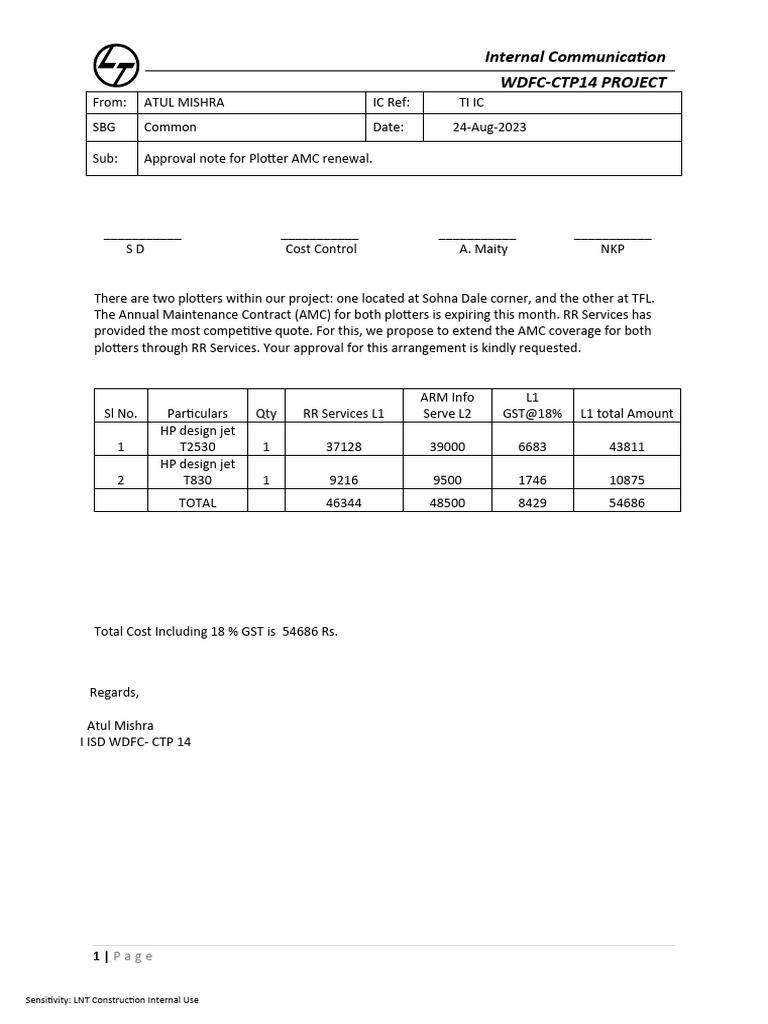 HP Plotter AMC Approval Note | PDF | Finance & Money Management | Computers
