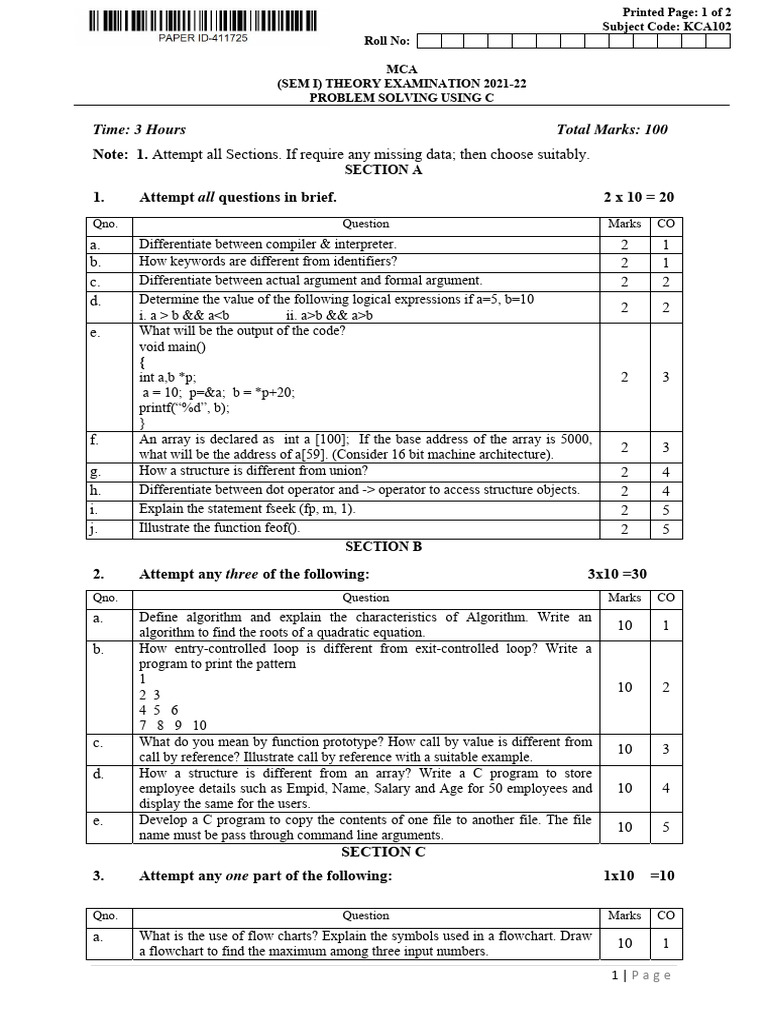 Mca 1 Sem Problem Solving Using C Kca102 2022 | PDF | C (Programming Language) | Pointer ...
