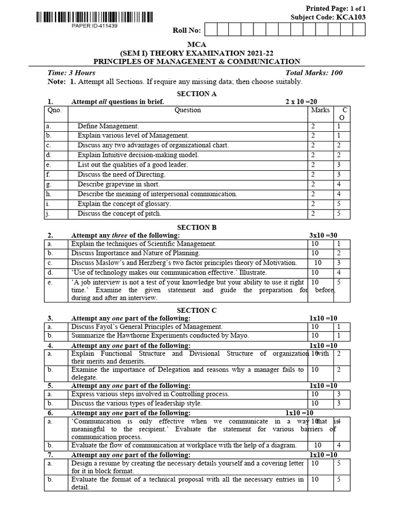 Mca 1 Sem Principles of Management and Communication Kca103 2022 | PDF | Communication | Psychology