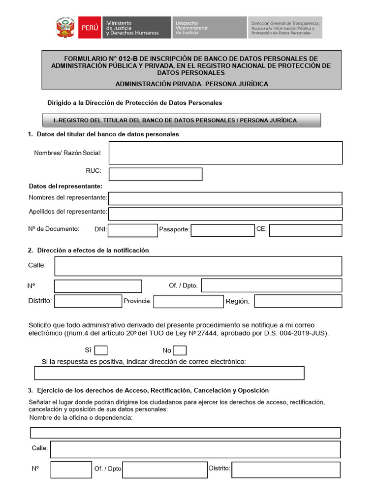 For 012-B Inscripción de Banco de Datos Personales de Administración ...