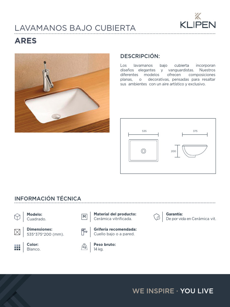 Lavamanos Bajo Cubierta ARES Blanco | PDF | Lavabo | Materiales