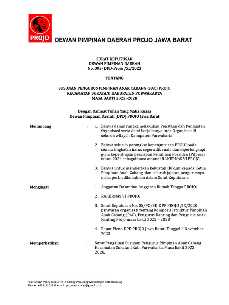 Susunan Pengurus PAC Projo Sukatani 2023-2028 | PDF