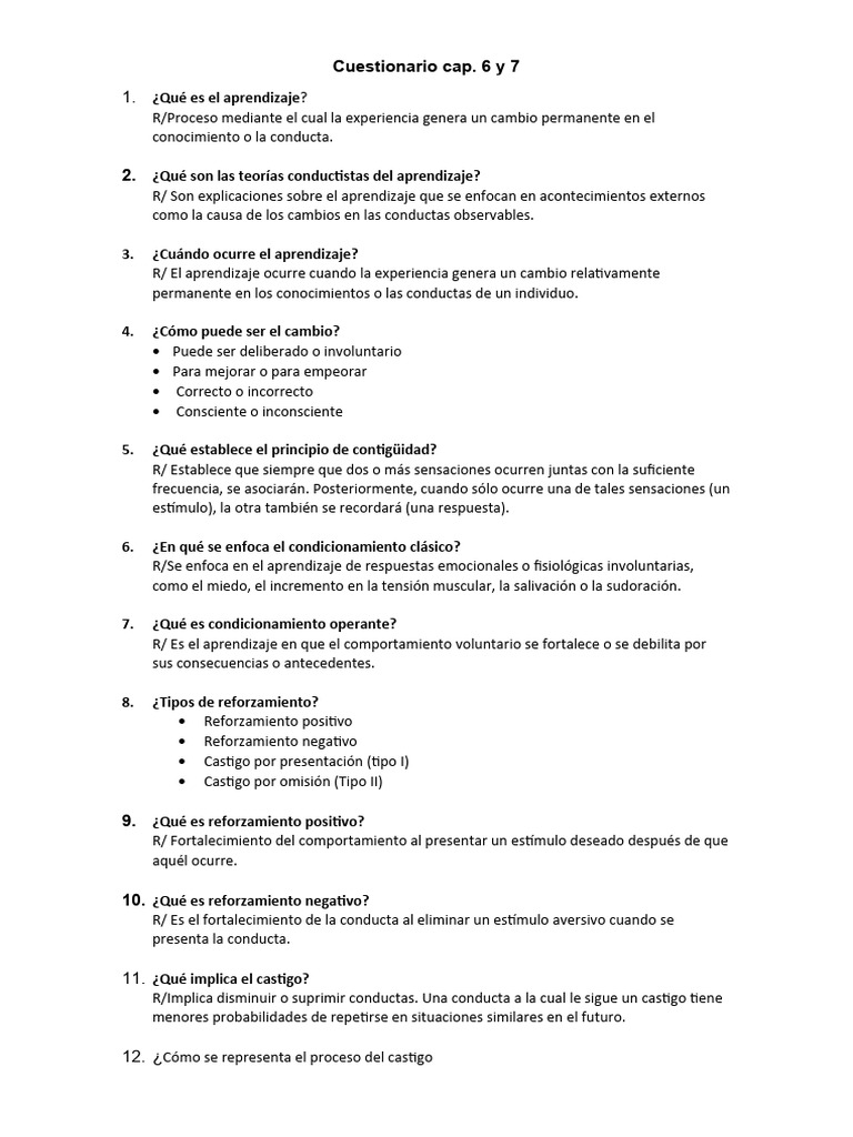 Cuestionario Cap 6 y 7 | PDF | Memoria | Reforzamiento
