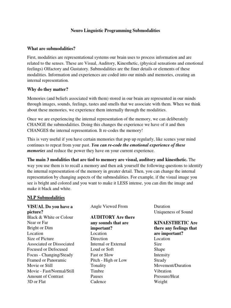 Neuro Linguistic Programming Submodalities | PDF | Experience | Memory