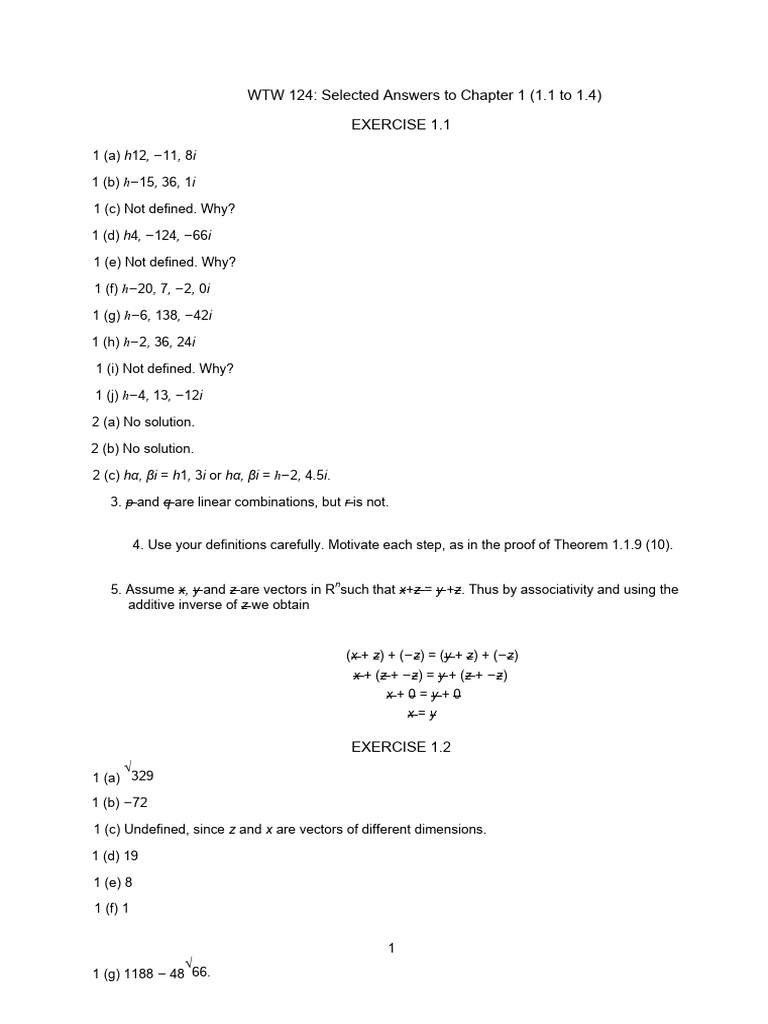 WTW 124: Selected Answers To Chapter 1 (1.1 To 1.4) Exercise 1.1 | PDF | Norm (Mathematics ...