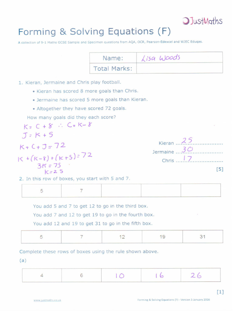 Algebra F Forming Solving Equations v3 SOLUTIONS | PDF