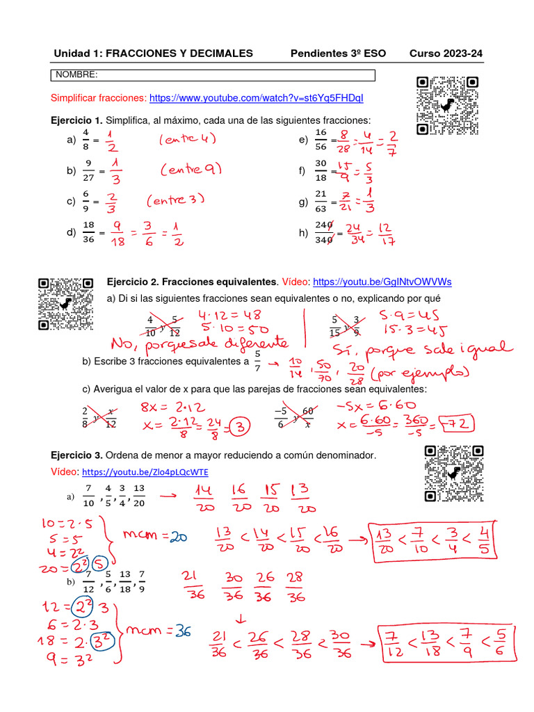 Ejercicios de Fracciones y Decimales | PDF | Notación Matemática ...