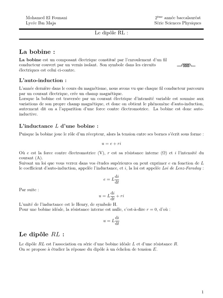 Dipôle RL : Étude de la bobine et inductance | PDF | Induction ...