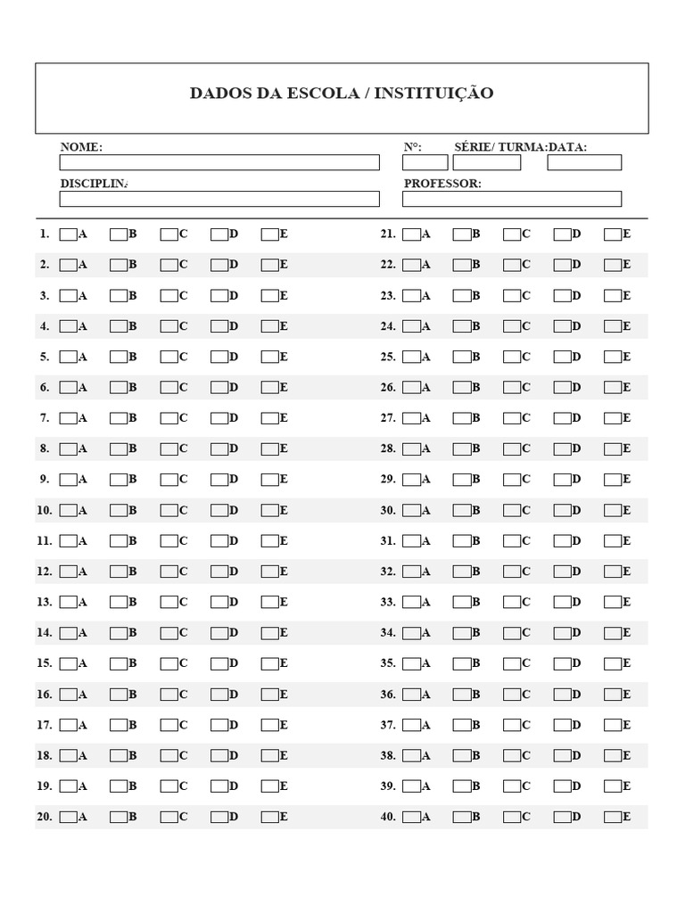 Modelo de Gabarito 40 50 e 60 Questoes | PDF | Microsoft Excel | Programas