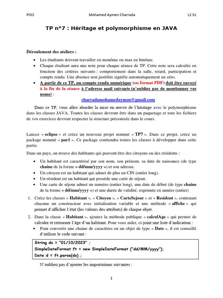 TP N°7: Héritage Et Polymorphisme en JAVA: Déroulement Des Ateliers | PDF | Constructeur ...