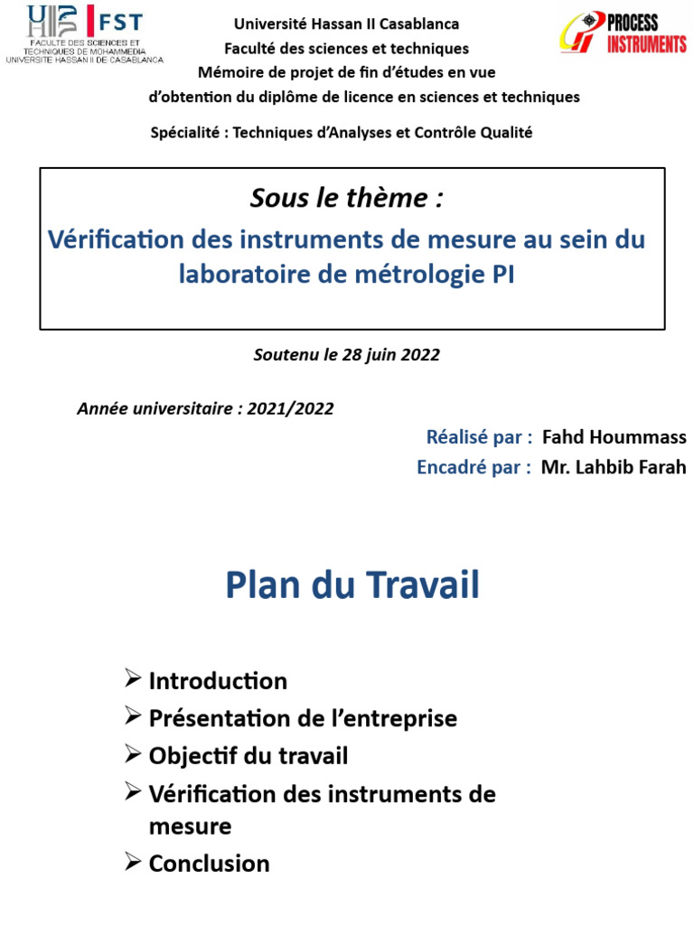 Présentation PFE | PDF | Calibrage | Métrologie