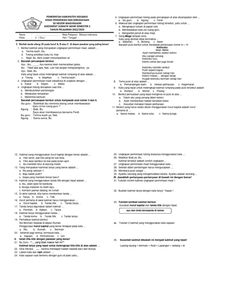 Ukk Bhs Indonesia Kelas 2-c Semester 2 Terbaru | PDF