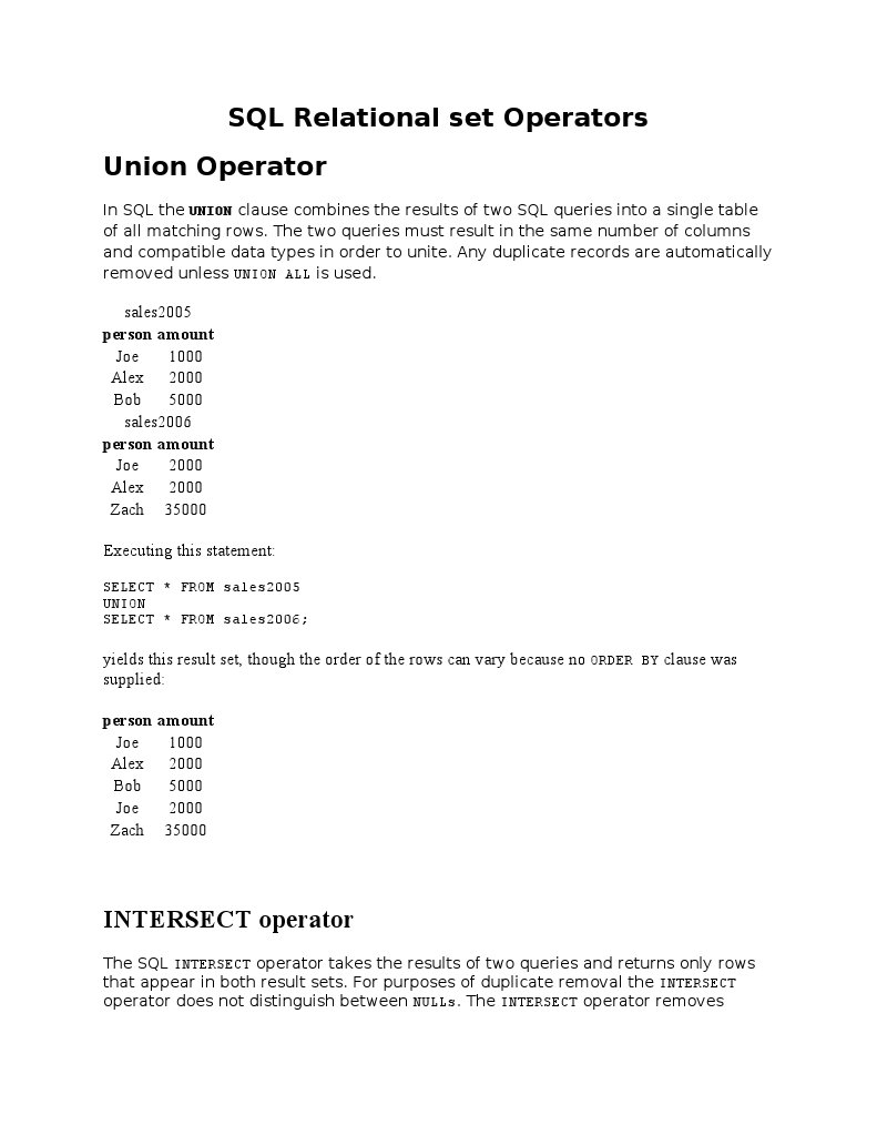 Sql Relational Set Operators Pdf