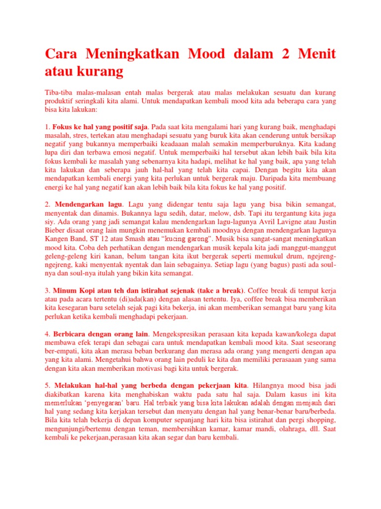 Cara Meningkatkan Mood Dalam 2 Menit Atau Kurang | PDF | Pengembangan Diri | Gaya Hidup