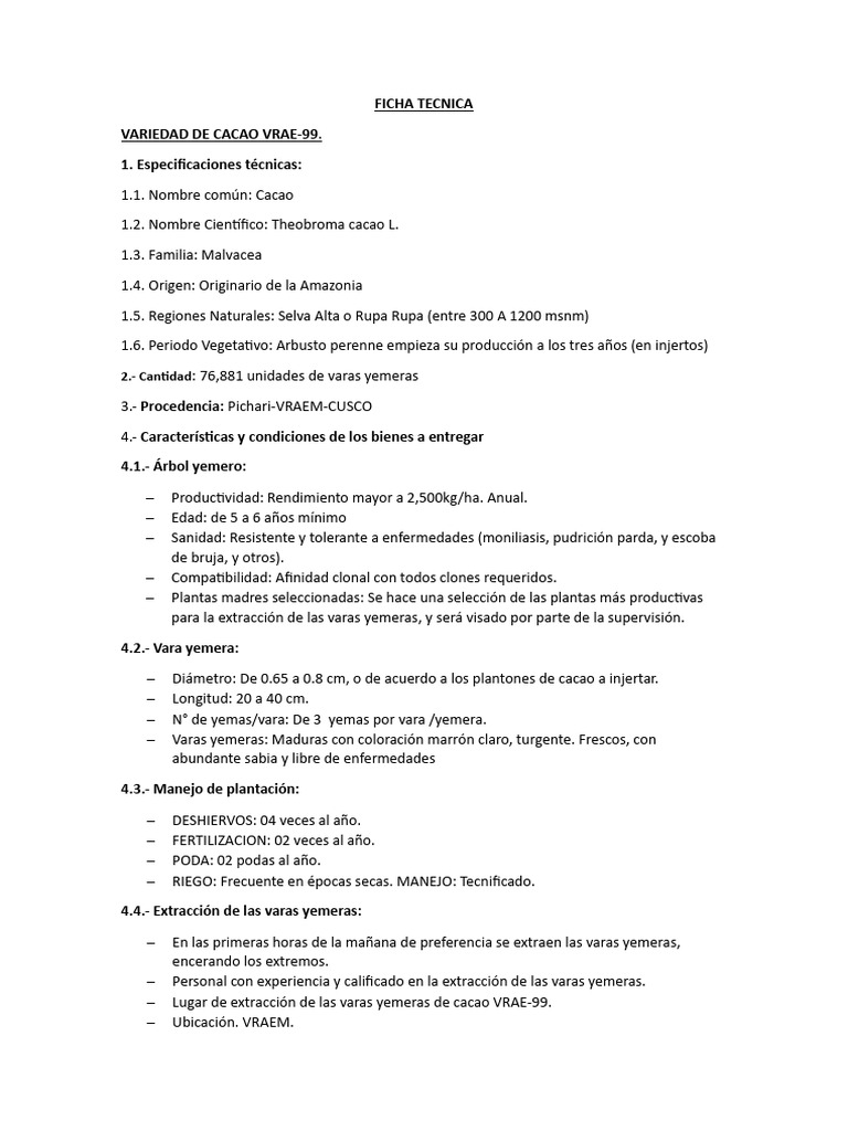Ficha Tecnica Cacao | PDF | Agricultura | Horticultura Ficha Tecnica Cacao | PDF | Agricultura | Horticultura