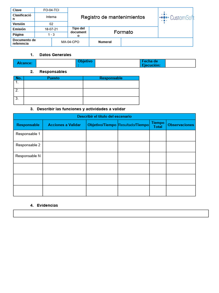 FO-04-TCI Registro de Mantenimiento Plantilla Vertical. Ver 01 | PDF ...