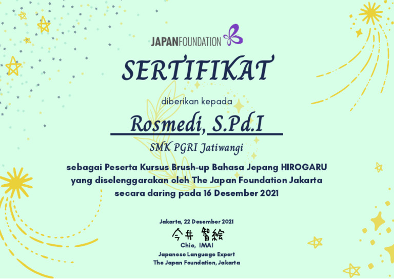 Sertifikat Kursus Brush-Up Bahasa Jepang Hirogaru - ROSMEDI, S. Pd. I | PDF