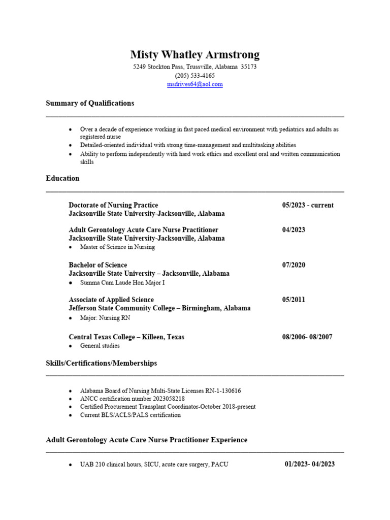 Resume 2023 Misty Armstrong Mar 17 | PDF | Intensive Care Unit | Nursing