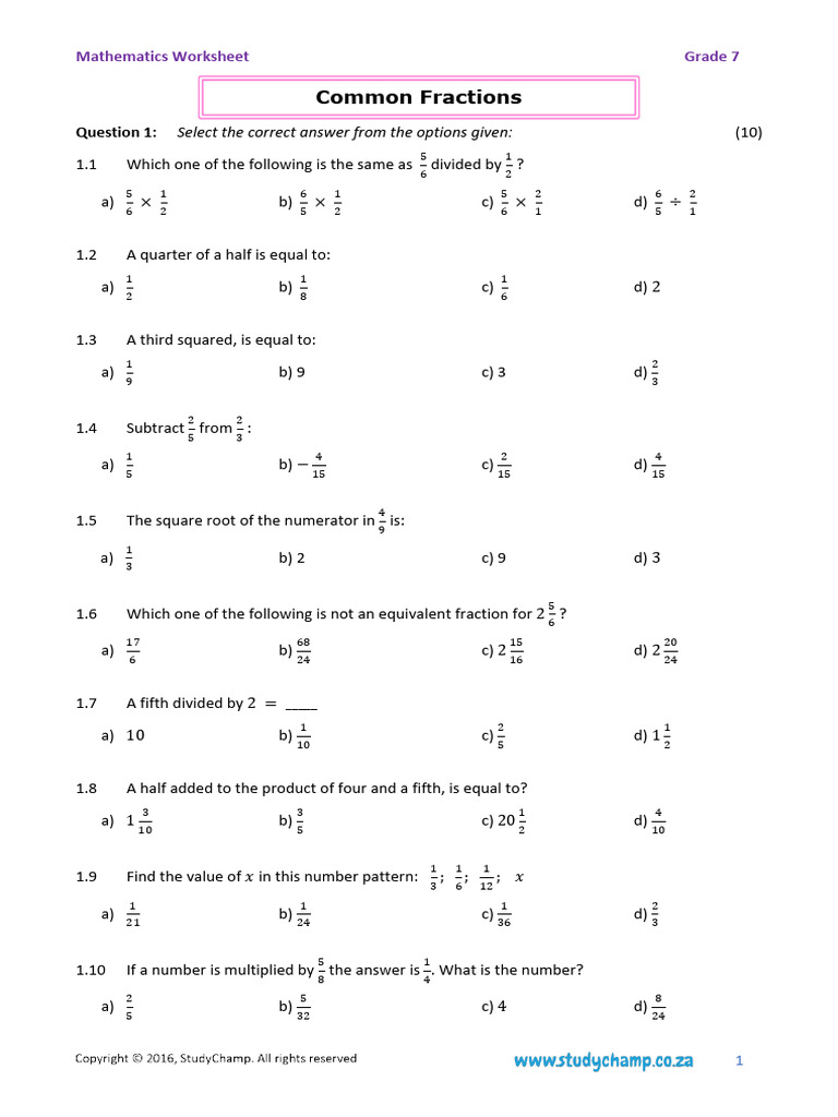 Gr7 Maths Ws Common Fractions | PDF | Mathematics | Arithmetic