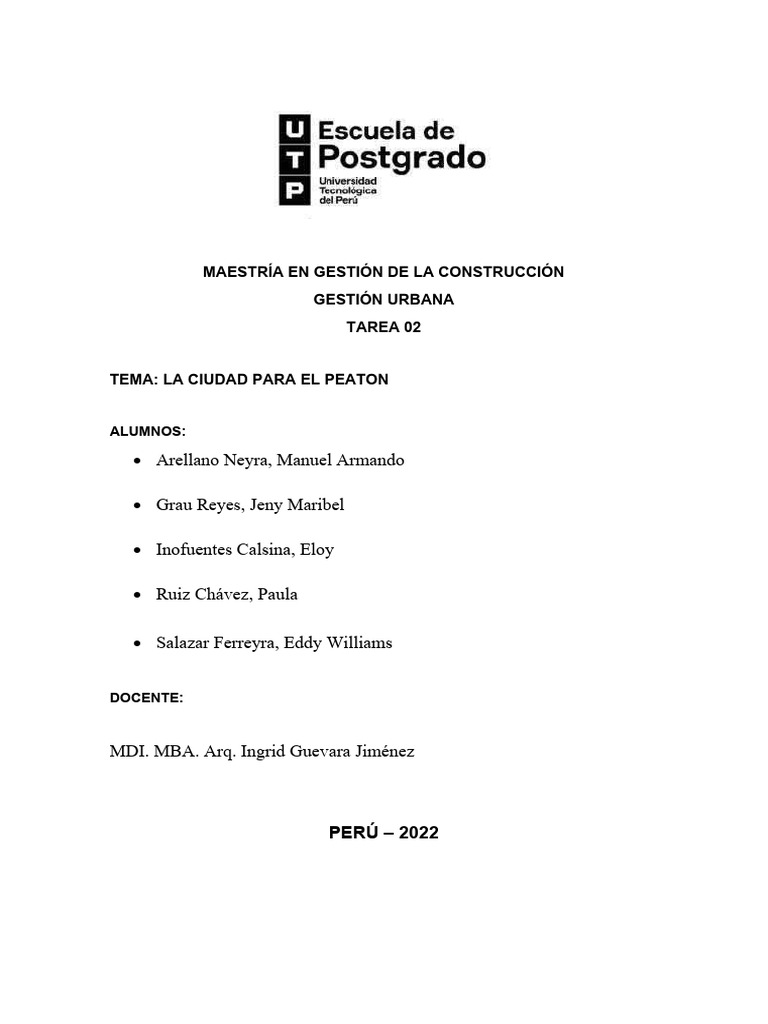 Tarea 2 La Ciudad para El Peaton | PDF | Peatonal | Transporte