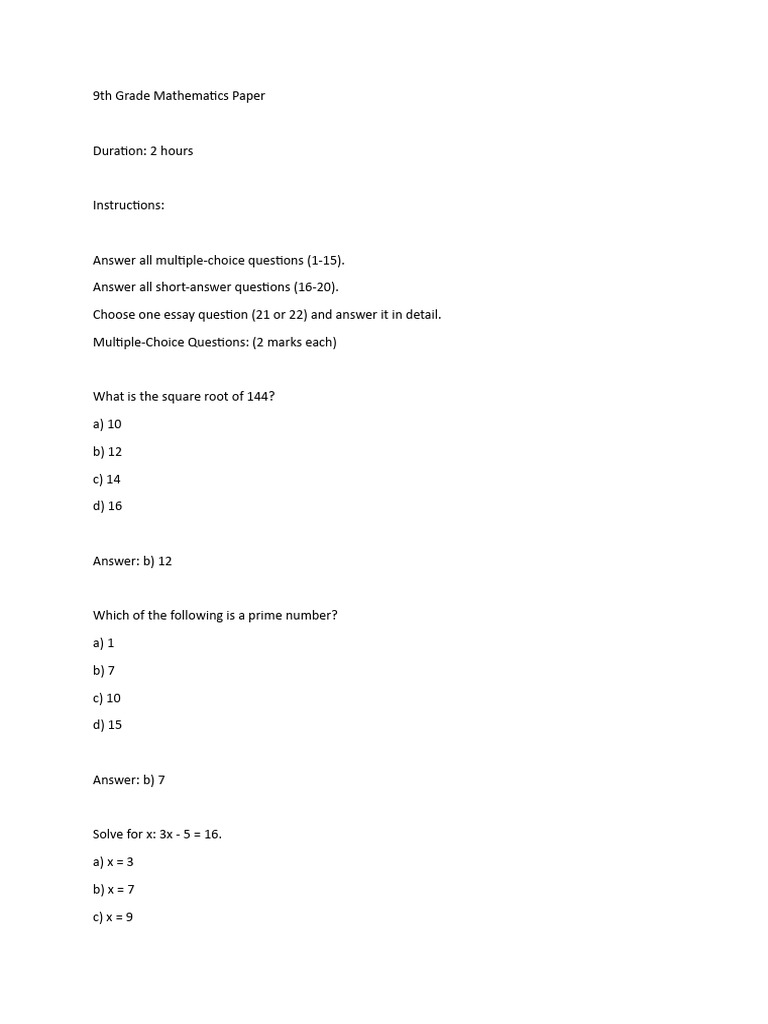 9th Grade Maths Paper | PDF | Triangle | Area