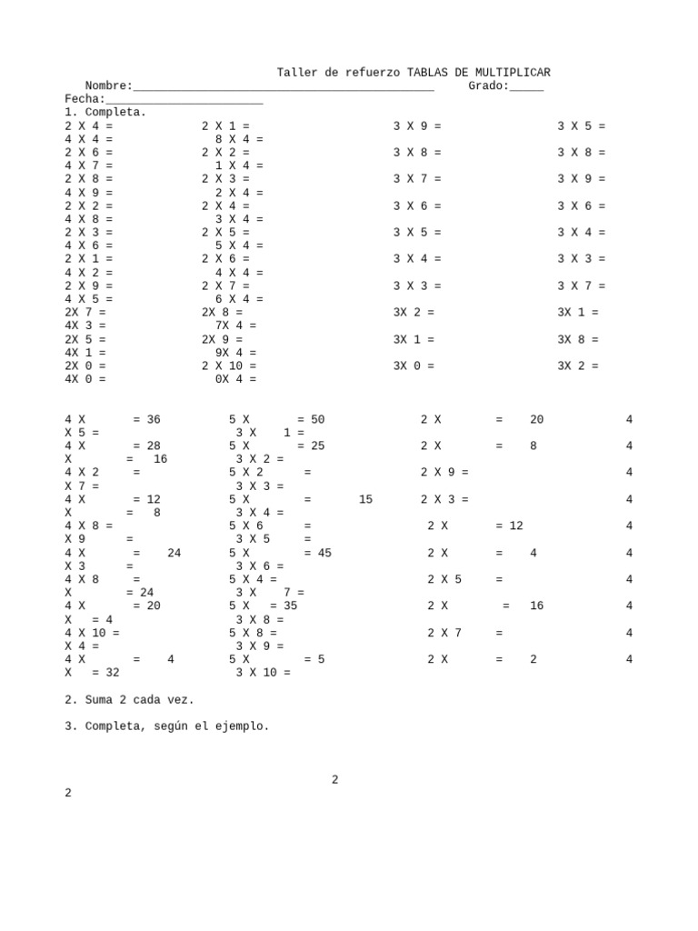 409854036-Taller-Tablas-de-Multiplicar Text | PDF | Multiplicación
