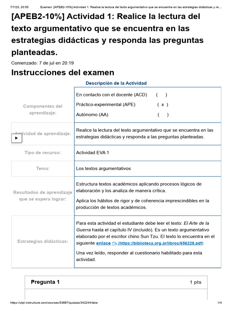 Examen - (APEB2-10%) Actividad 1 - Realice La Lectura Del Texto Argumentativo Que Se Encuentra ...