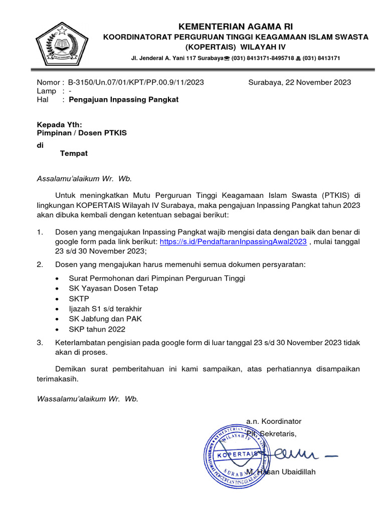 Pengajuan Inpassing Pangkat PTKIS | PDF