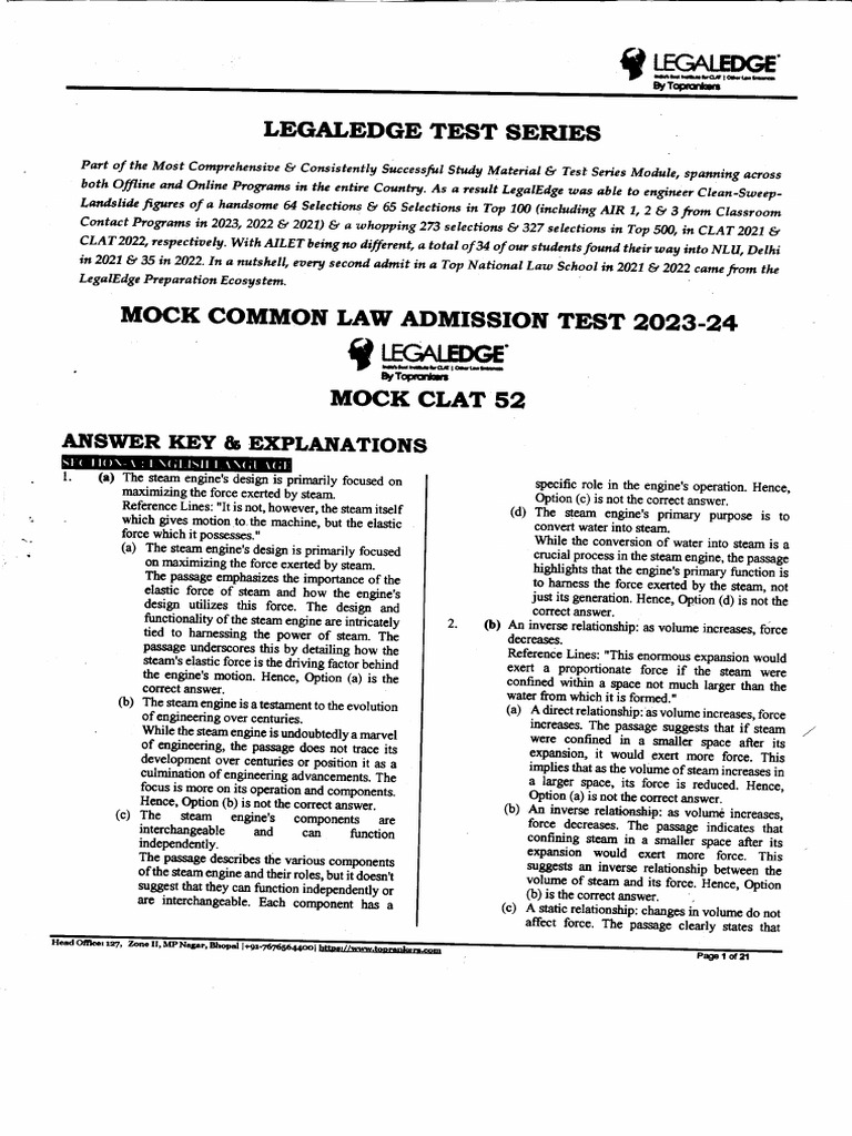 Mock Clat-52 Answer Key | PDF | Force | Engines