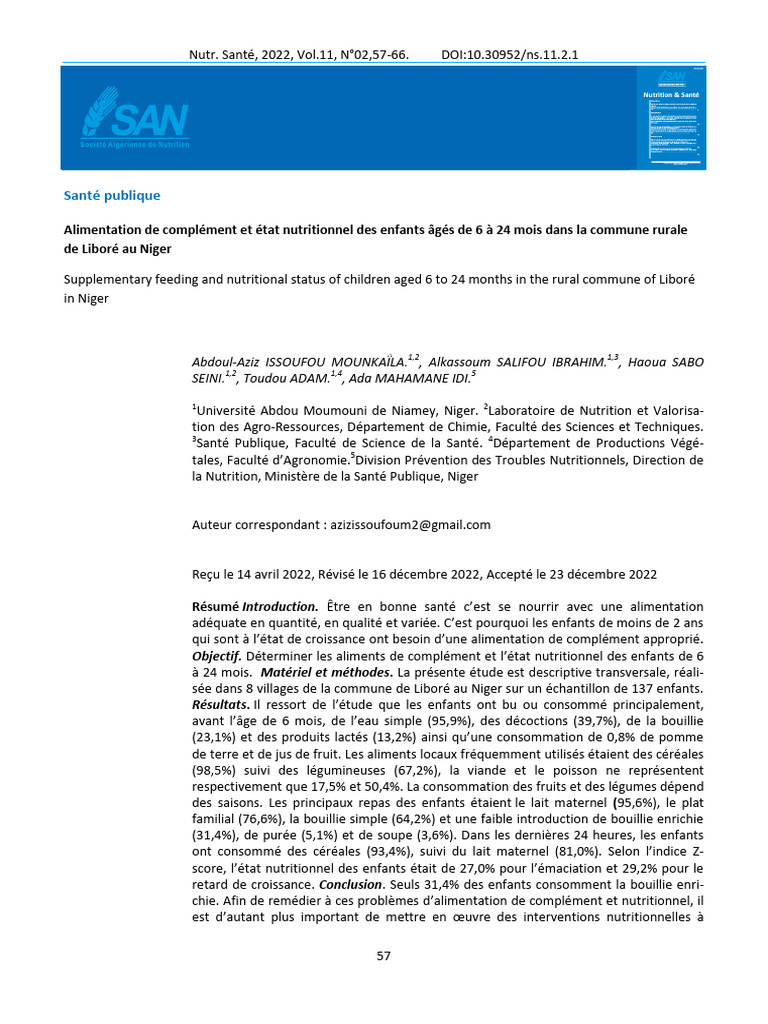 Alimentation de Complément Et État Nutritionnel Des Enfants Âgés de 6 À ...