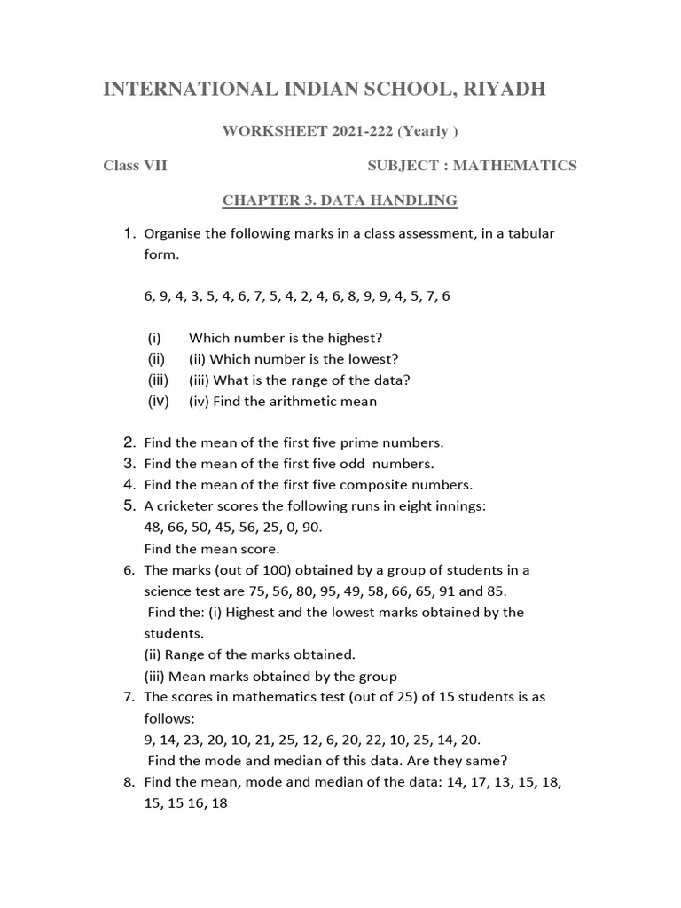 Class 7 - Mathematics - Yearly - Reena Krishnakumar - Reena Krishnakumar | PDF | Triangle | Mean