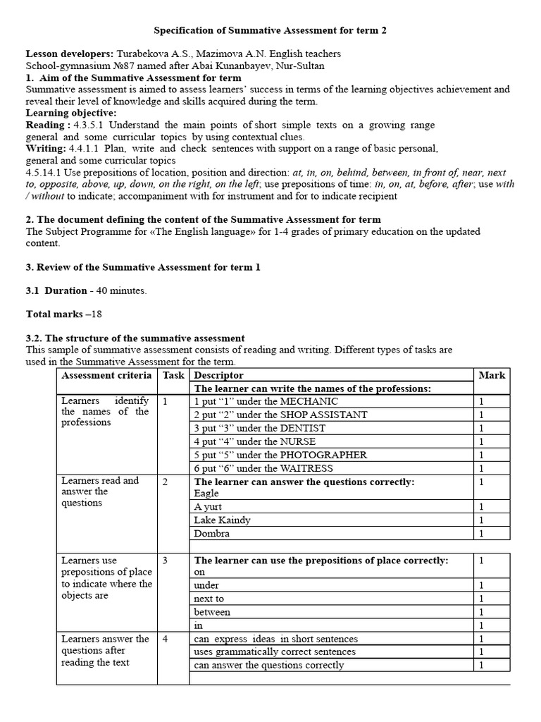 Lesson 6 Specification of Summative Assessment For Term 2 | PDF | Learning | Behavior Modification