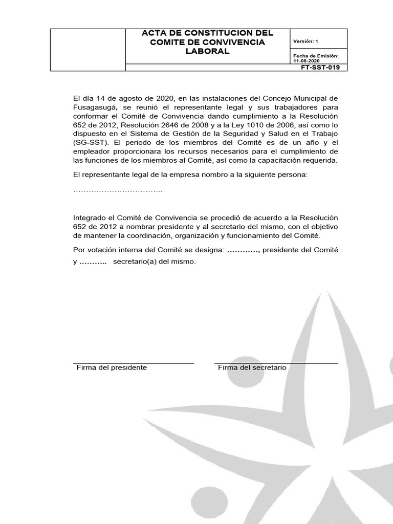 FT-SST-019 Formato Acta de Constitución Del Comité de Convivencia Laboral | PDF | Finanzas y ...
