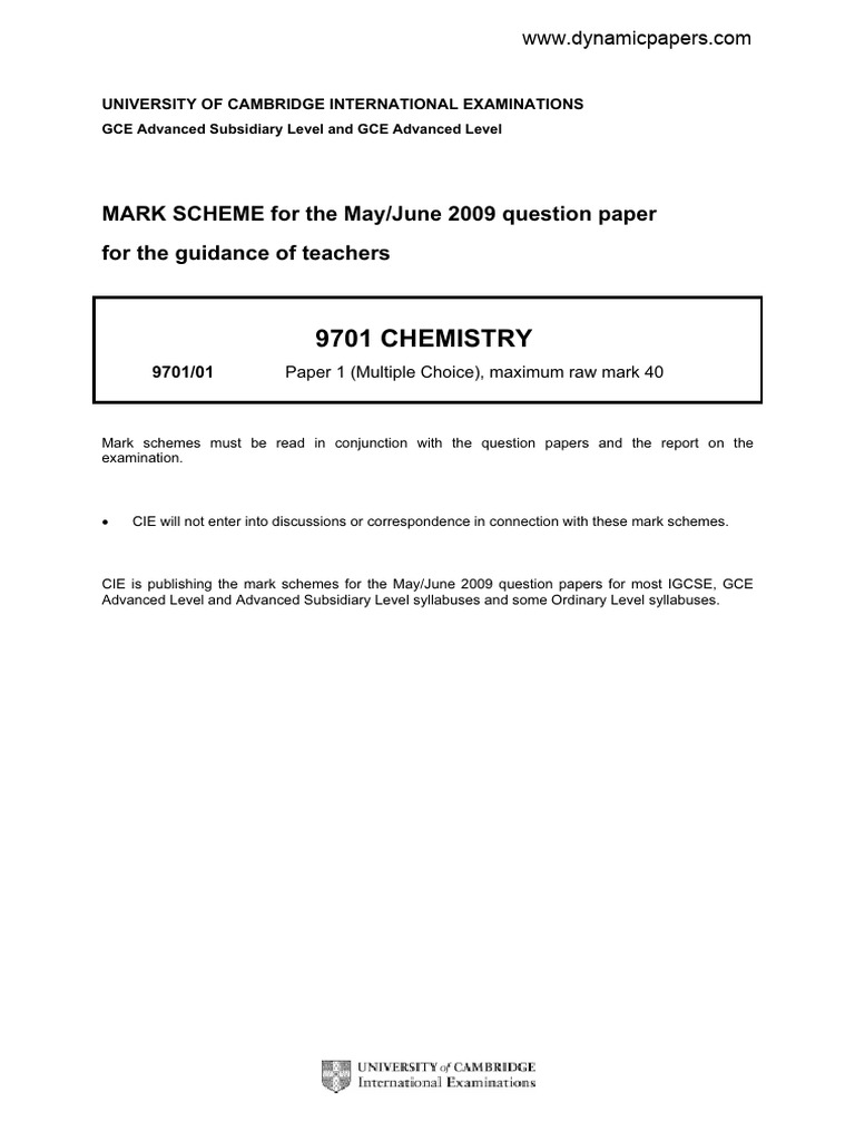 9701 Chemistry: MARK SCHEME For The May/June 2009 Question Paper For ...