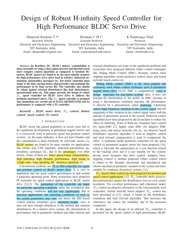 Design of Robust H-Infinity Speed Controller For High Performance BLDC Servo Drive | PDF ...