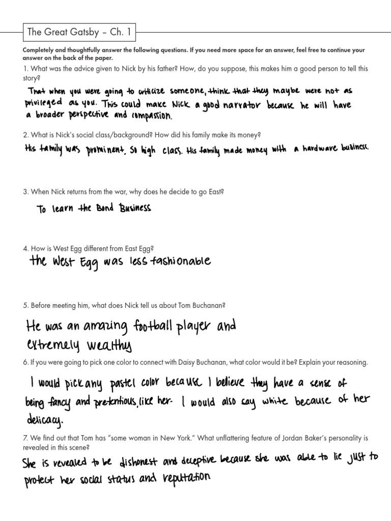 GG Questions | PDF | The Great Gatsby