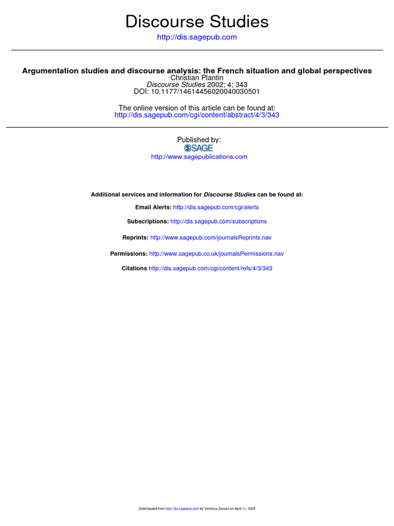 Plantin. Argumentation Studies and Discourse | PDF | Argumentation Theory | Rhetoric
