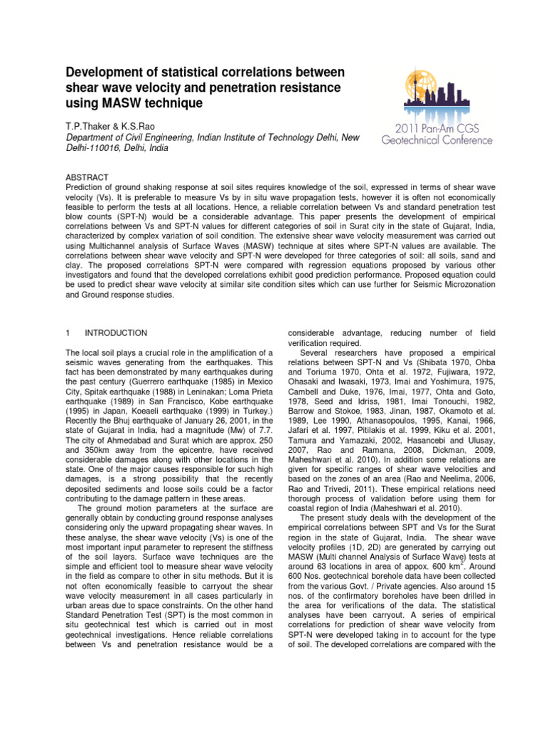 Development of Statistical Correlations Between Shear Wave Velocity and Penetration Resistance ...