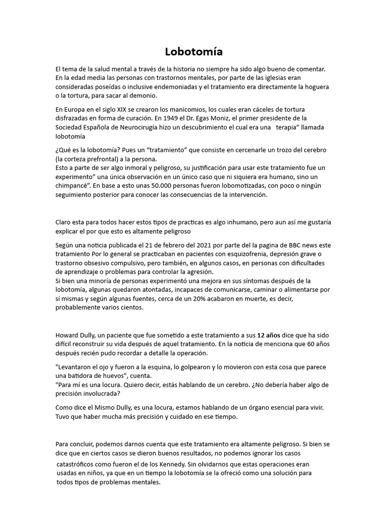 Lobotomía | PDF | Trastorno mental | Medicina CLINICA