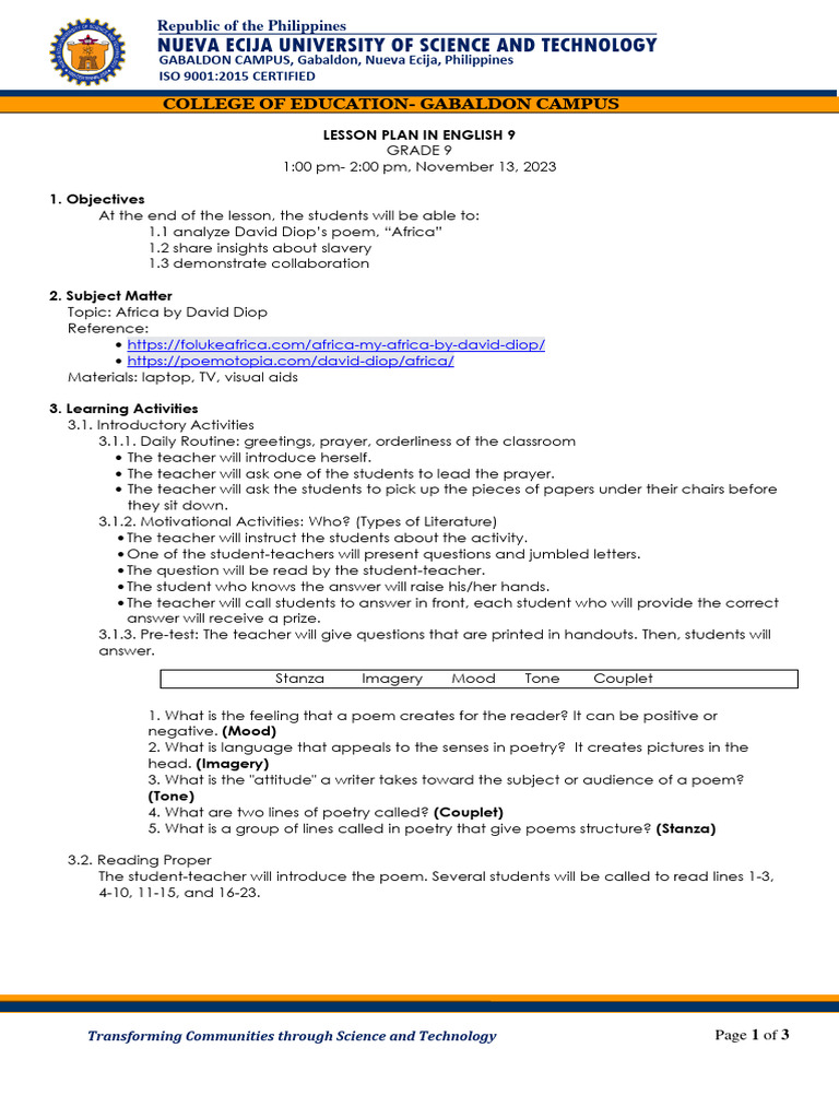 Semi-Detailed Lesson Plan For Grade 8 | PDF | Poetry | Teachers