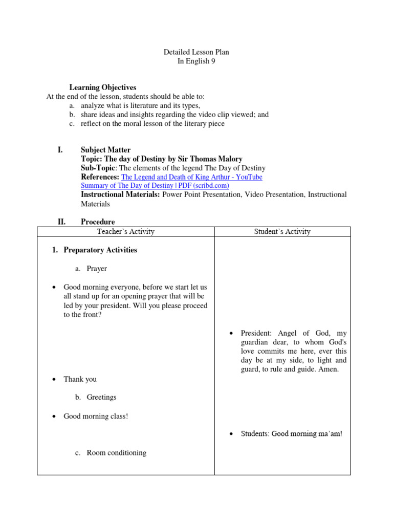 Detailed Lesson Plan The Day of Destiny Grade 9 | PDF | Guinevere ...