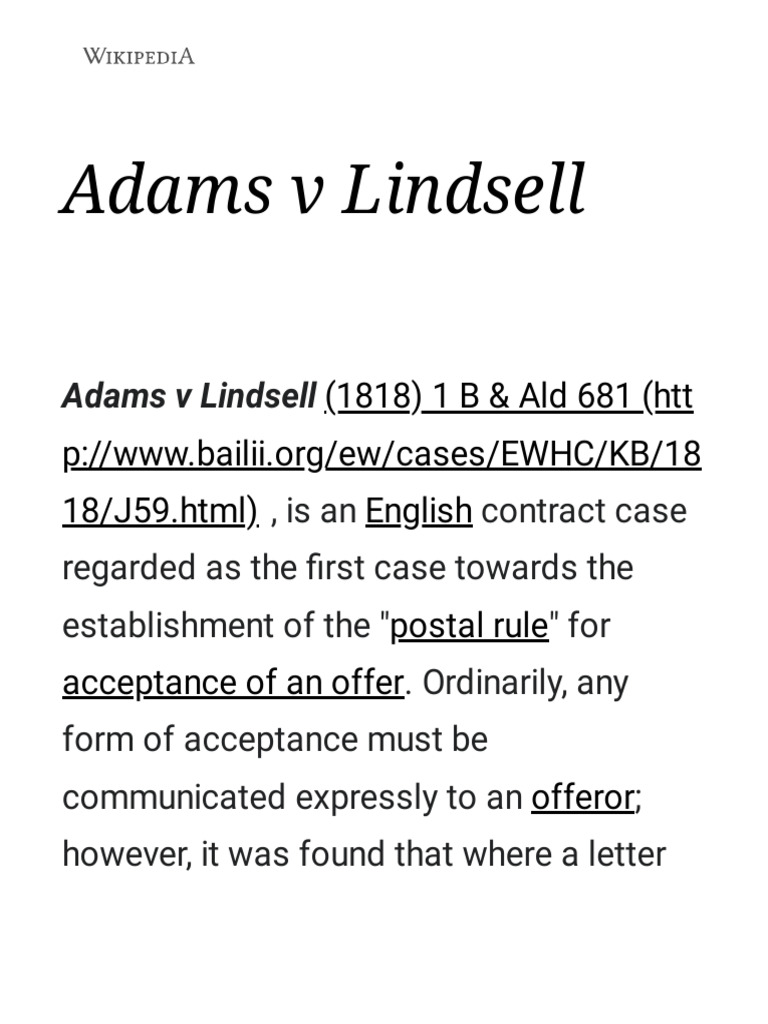 Adams v Lindsell: Postal Rule Case | PDF | Law Of Obligations | Justice