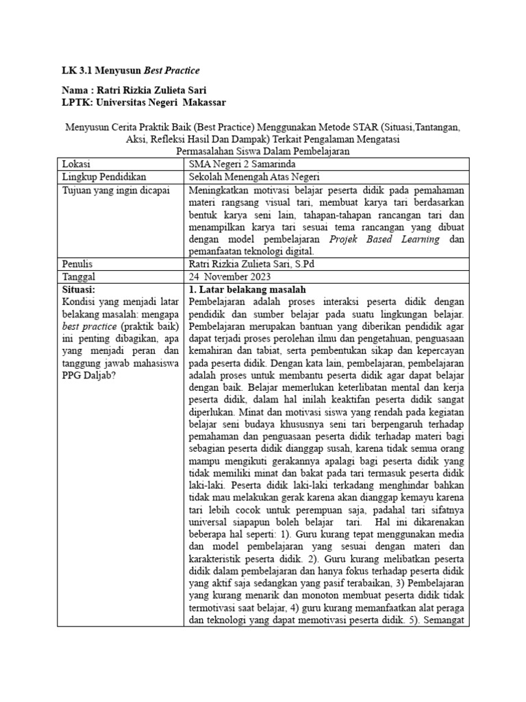 LK 3.1 Menyusun Best Practice Nama: Ratri Rizkia Zulieta Sari LPTK ...