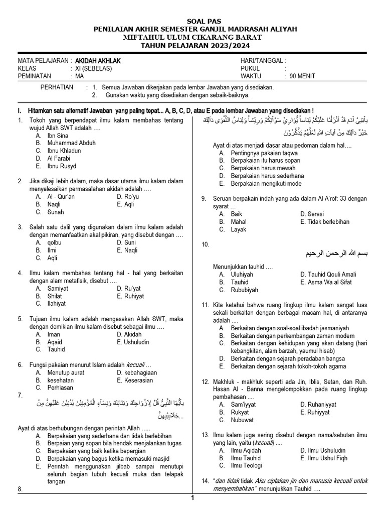 Soal PAS Akidah Akhlak Kelas XI AFAN | PDF