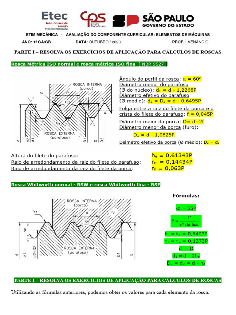Exercíos Cálculos de Roscas - 2023 | PDF | Parafuso | Máquinas