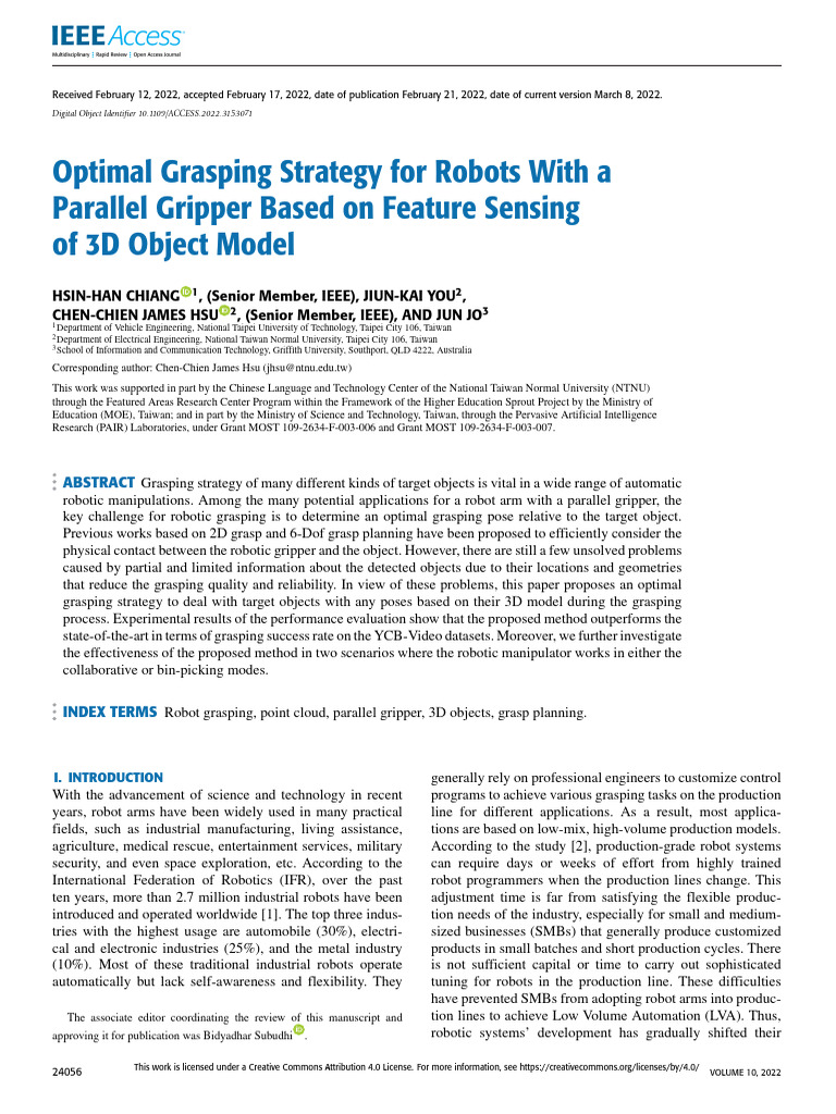 49 Optimal Grasping Strategy For Robots With A Parallel Gripper Based On Feature Sensing Of 3d