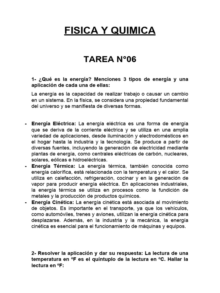 Fisica y Quimica, Tarea 06, Unidad 06 | PDF