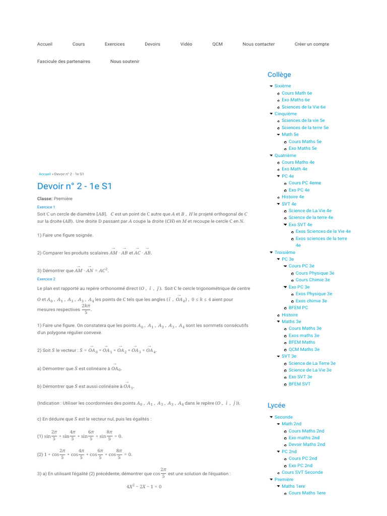 Devoir N° 2 - 1e S1 - Sunudaara | PDF | Coordonnées cartésiennes ...